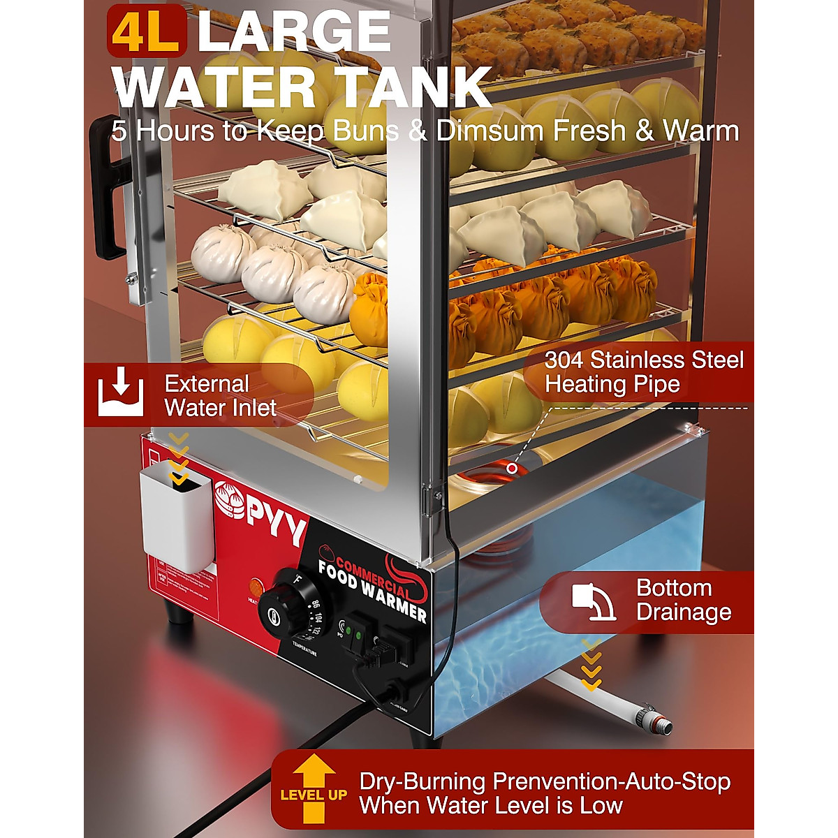 PYY Bun Steamer Electric Food Display - Upgrade Automatic Temperature Control 5 Layers Display Stainless Steel Commercial Bun Steamer For Kiosk, 1200W/110V