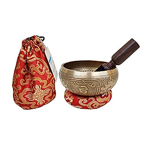 Khusi 4.5 Inch Tibetan Singing Bowl, Wisdom Eye Mantra Engraved Chakra Bowl Sound Bowl w/Silk Cushion, Leather Wrap Mallet and Carry Pouch, Hand Hammered Made in Nepal