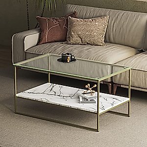Tilly Lin 35" Elegant 2 Tier Glass Top Coffee Table with White Faux Marble and Gold Metal Legs, Rectangular Cocktail Table with Storage for Living Room