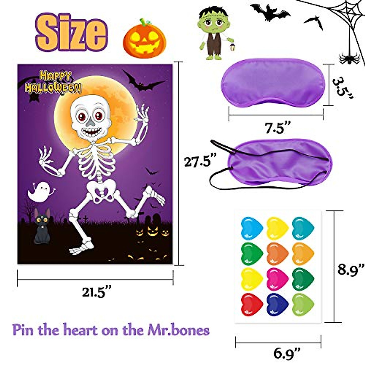 Funnlot Halloween Games for Kids Party Pin The Heart on The Mr.Bones Game Halloween Party Favors  Halloween Party Games Activities Halloween Pin The Tail Game
