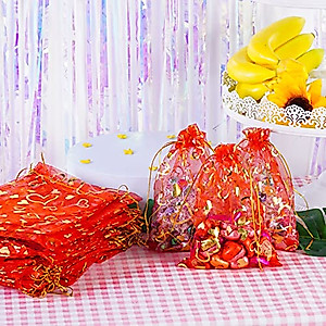 100PCS Heart Printed Organza Bags Gift Jewelry Candy Bags for Wedding Valentine's Day Mother's Day Party Christmas 5x7Inch (Red)