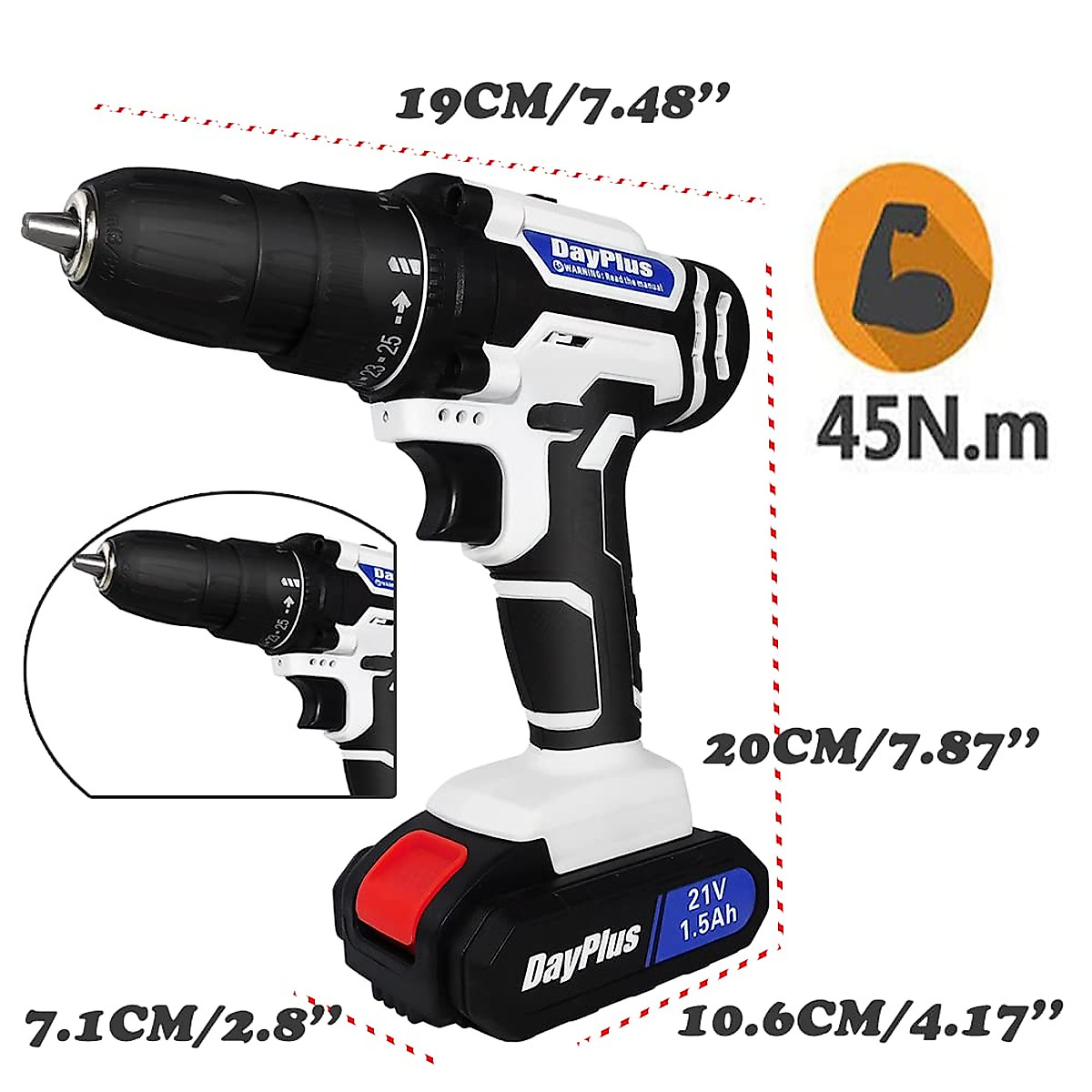 21V Cordless Power Drill Set 1/2'' Keyless Metal Chuck, Battery Electric Drill with Fast Charger, 25+1 Torque Setting Portable Power Driven Electric Drill Kit, 2 Variable Speed & LED Worklight