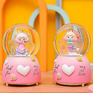 Snow Globe for Girls, 80mm Cute Seabed Figurine Snow Globe Music Box with Color Changing LED Lighs and Automatic Snowflakes, Christmas Birthday Gifts for Kids Girls Granddaughters (183-A)