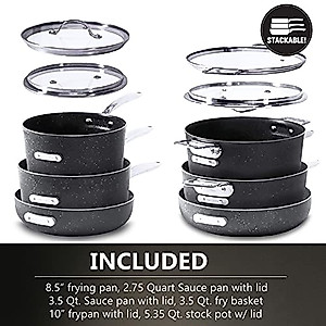 Granitestone Original Stack Master 10 Piece Cookware Set, Triple Layer Nonstick Granite Stone with Diamond infused Coating, Dishwasher Oven Safe, Non-Toxic Pots and Pans, Large, Black