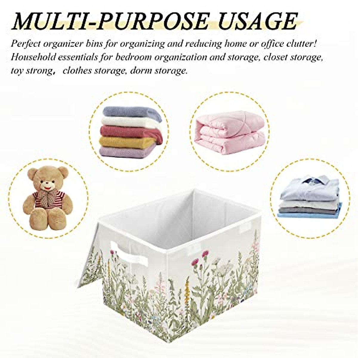 Wild Flowers Collapsible Rectangular Storage Bins with Lids Decorative Lidded Basket for Toys Organizers Fabric Storage Boxes with Handles for Home Clothes and Books