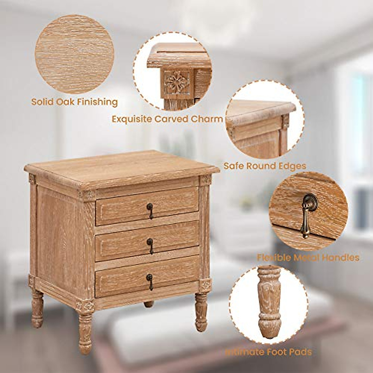 Crestlive Products Oak Nightstand with 3 Drawers, Wood Bedside Table Cabinet, Bedroom Furniture with Solid Wood Legs, Large Storage Space, Accent End Table for Home Office (1PC Oak)