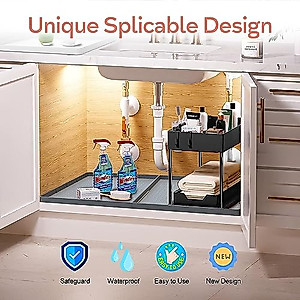 Sdpeia Under Sink Mat, Upgrade 2 PCS Set Interlocking Kitchen Bathroom Cabinet Mats Waterproof Silicone Undersink Tray Up to 3.8 Gallons 34 inx 22 in Splicable Mat (Grey)