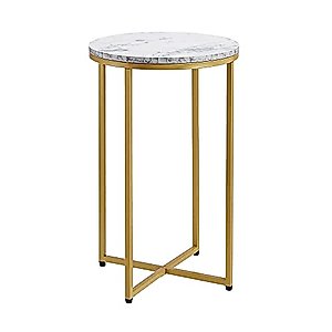 AZL1 Life Concept Concept Modern X-Shaped Small Round Side End Accent Table,Corner Decor/Nightstand for Home Office Living Room Bedroom Marble + Gold, 16 inches, White