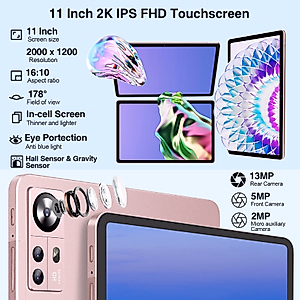 2024 Newest 11 inch Tablet Android 13 Tablets 16GB RAM 256GB ROM 1TB Expand, 2K 2000 x 1200 Display, Octa-Core, Triple Camera, 8600mAh, Quad Speakers, 5G/2.4G WiFi, GPS,Bluetooth,with Case -Rose Gold