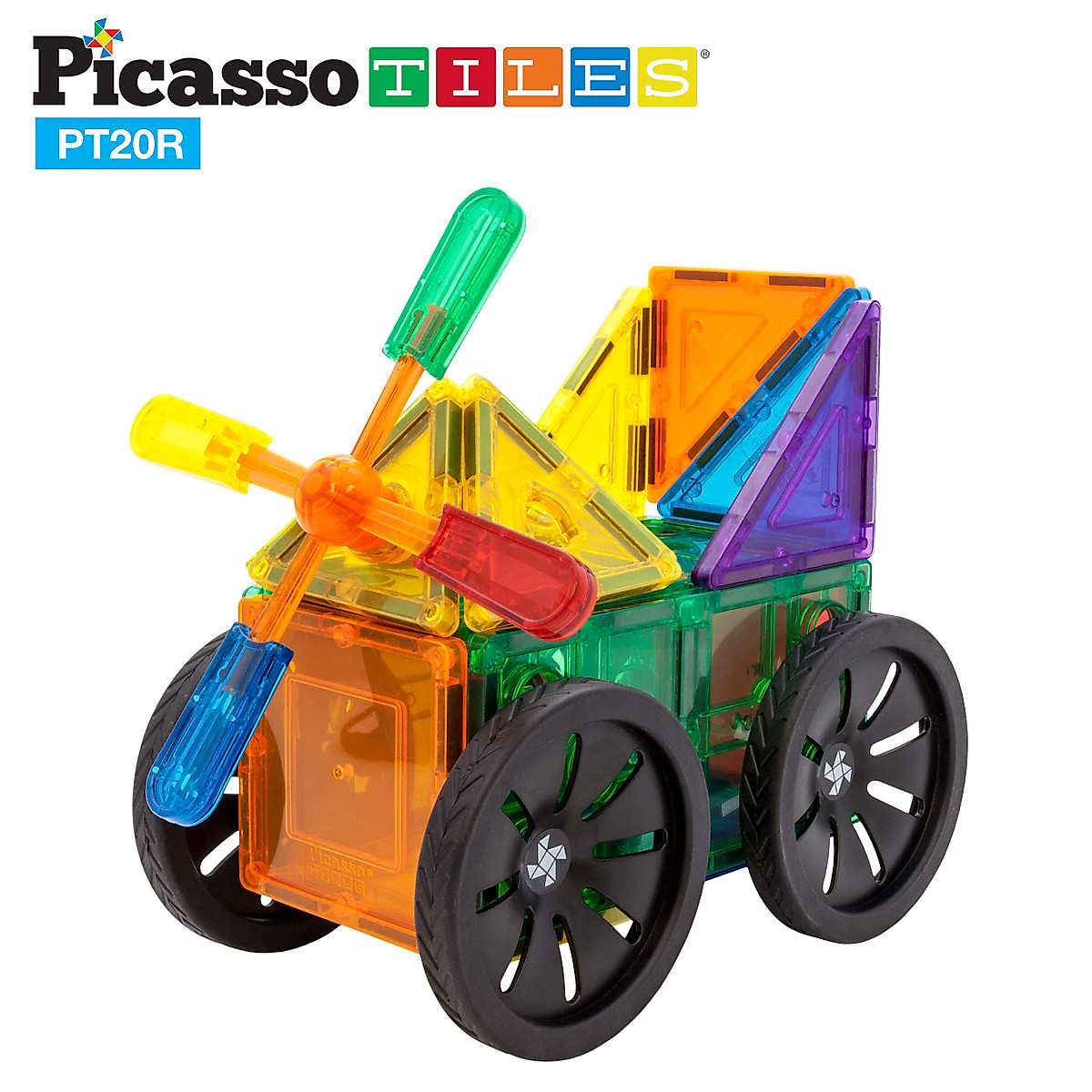PicassoTiles 20 Piece Magnetic Building Blocks with Detachable Wheels and Windmill Click-in Inserts Magnet Construction Toy Car Set STEM Learning Kit Educational Playset Child Brain Development PT20R