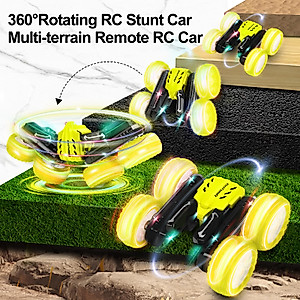 TRIPLEFINE Remote Control Car for Boys & Girls 8-12, LED Fast RC Stunt Car, 2.4GHz RC Cars, 4WD Double Side 360° Rotating RC Cars, Remote Control Car for Kids with Rechargeable Battery(Yellow)