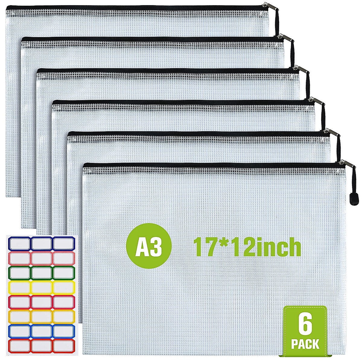Mesh Zipper Pouch, 6PCS Waterproof Plastic Mesh Zipper Bag, A3 Size Tear-Resistant Document Pouch, Extra Large Zip File Bags, for School Office Supplies Home Travel Storage(17×12 Inch)