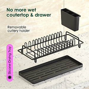 Giwil Small Dish Drying Rack, Compact Dish Rack with Silicone Tray and Caddy, Multifunctional Dish Drainer Sink Drying Rack for Kitchen Counter & Over The Sink, Stainless Stell, Black