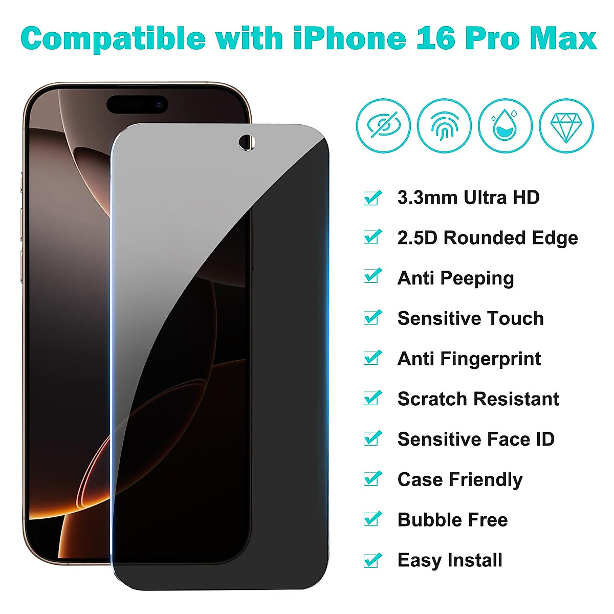 Pehael [3+3Pack] Privacy Screen Protector for iPhone 16 Pro Max with Camera Lens Protector Full Coverage Anti-Spy Tempered Glass Film 9H Hardness Upgrade Edge Protection Easy Installation Bubble Free [6.9 inch]