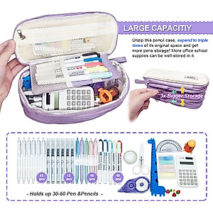 Namii W Pencil Case Large Capacity Pouch Bag with Zippers, Expandable Pen Bag Storage Holds 50-100 Pencils, Colors Pencil Box Organizer Case Office School Supplies for Girls Boys Adults(Purple)