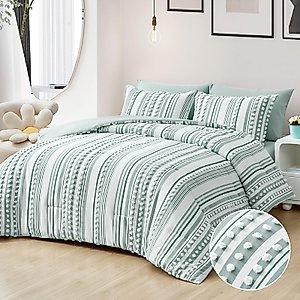 Boho Comforter Set Queen Size Green and White Tufted Ball Striped Design, Shabby Chic Farmhouse Comforter and Sheet Set, 7 Piece Bed in a Bag Pom Pom Complete Bedding Set (90''x90'')
