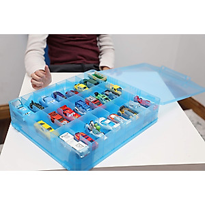 ASH BRAND Double Sided Toy Storage Container - Compatible with Mini Toys, Small Dolls, Hot Cars Wheels - Toy Organizer Carrying Case - 48 Compartments - Cars Not Included (Blue)