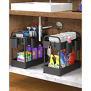 FURTIME Under Sink Organizer, 2 Tier Kitchen Under Sink Storage Bathroom Countertop Organizer with 6 Hooks 2 Hanging Cups and Anti-Foot for Bathroom Kitchen Spice Makeup Cosmetics Vanity Narrow Space