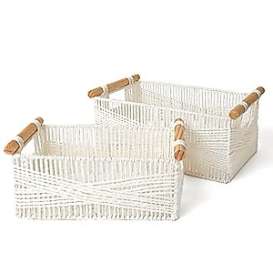 LA JOLIE MUSE Wicker Storage Baskets for Organizing, Recyclable Paper Rope Basket with Wood Handles, Decorative Hand Woven Basket Organizers for Makeup Books Shelves Living Room, White, Set of 2