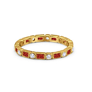Blue Apple Co. 3mm Art Deco Full Eternity Wedding Band Baguette Round Yellow Tone, Simulated Garnet CZ 925 Sterling Silver 5