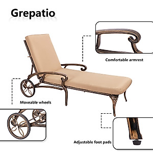 Grepatio Lounge Chairs for Outdoor, Patio Lounge Chaise Cast Aluminum Chairs with Cushion, Chaise Lounge Chair with Adjustable Backrest and Moveable Wheels for Pool Beach (Bronze Khaki Cushion*2)
