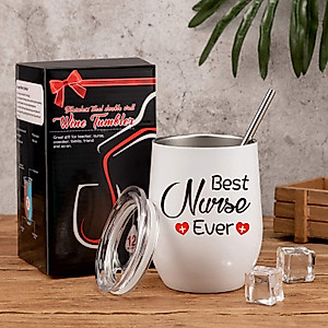 Nurse Gifts for Women, Best Nurse Ever, Thanksgiving Christmas Birthday, 12 oz Stainless Steel Nurse Travel Wine Tumbler with Lid, Straw and Gift Box