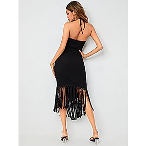 Floerns Women's Asymmetrical Fringe Hem Sleeveless Party Bodycon Long Dress Pure Black M