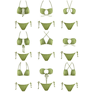 ZAFUL Ribbed Sexy Halter Bikini for Women Multi Way Bikini Sets Tie Side High Cut Two Piece Swimsuit Green M