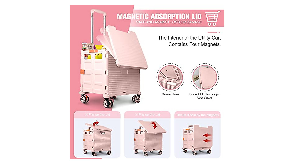 Portable Foldable Utility Cart with Magnetic Lid & Wheels