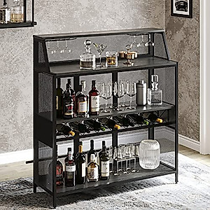 KFO Home Bar Unit, 4 Tier Bar Cabinet with Footrest, Industrial Metal Liquor Cabinet with Wine Rack Storage Shelf, Buffet Cabinet for Home Kitchen Pub (Black)