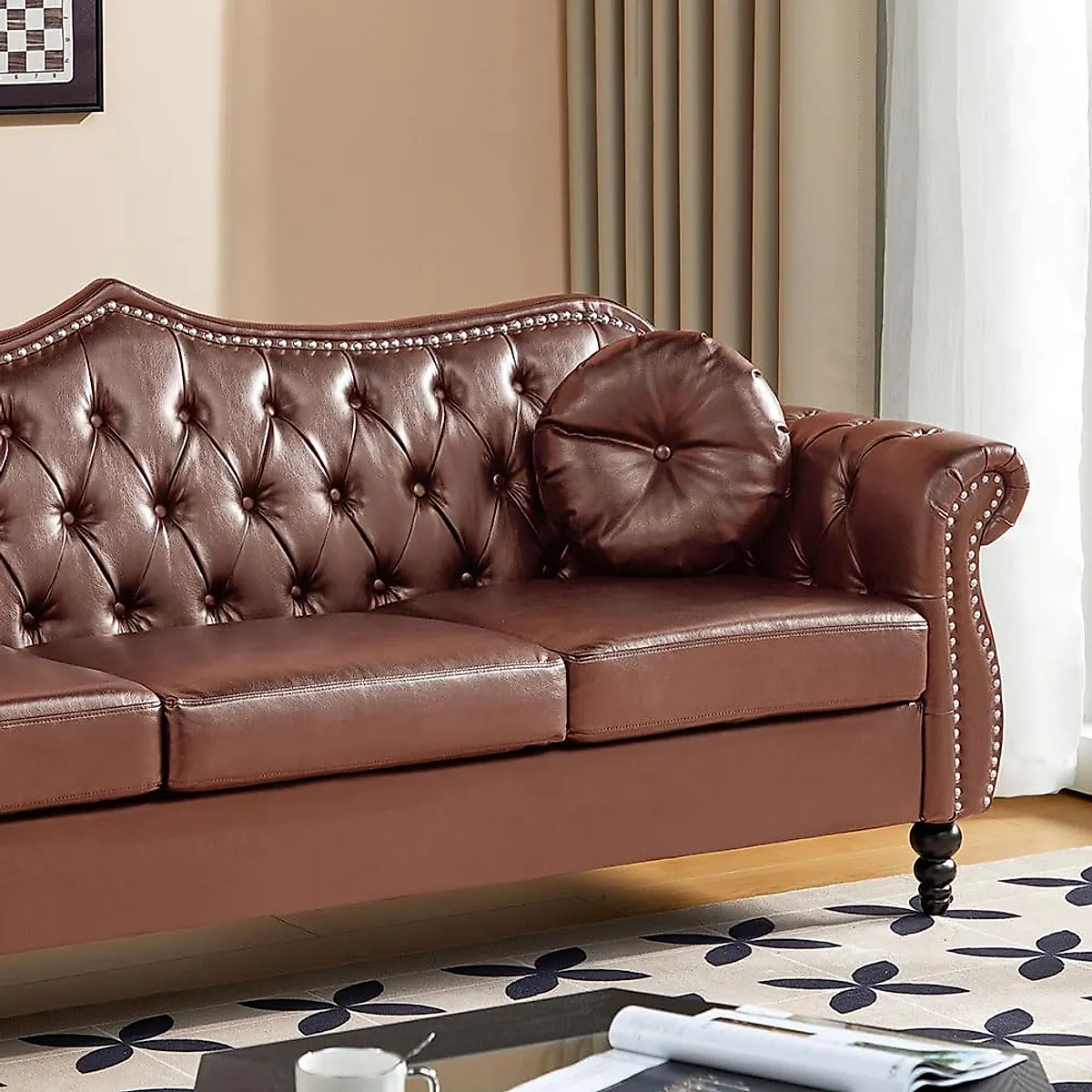 Modern PU Tufted Couch 3 Seater with Rolled Arms and Nailhead, Deep Button Nailhead Tufted Black Upholstered Couches, Roll Arm Classic Tufted Chesterfield Settee Leather Sofa for Living Room (Brown)