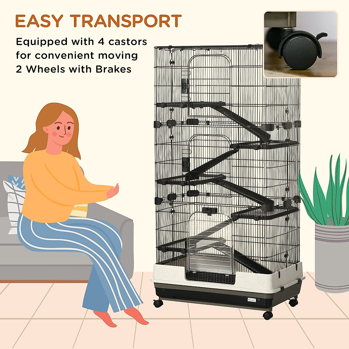 PawHut 59.5" Small Animal Cage with Wheels, 6-Level Portable Bunny Cage, Chinchilla Ferret Cage with Removable Tray, Platform and Ramp