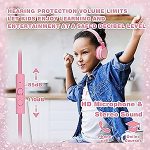 MIDOLA Kids Headphones Wired Volume Limited 85/110dB Over Ear Foldable with Shareport Headset Inline Cable AUX 3.5mm Mic for iPad Notebook Boy Girl Travel School Tablet Pink