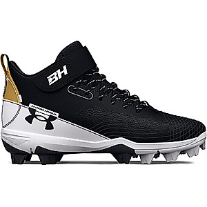 Under Armour Baby Boys Harper 7 Mid Junior Rubber Molded Cleat Baseball Shoe, (001) Black/White/Black, 4 Big Kid US