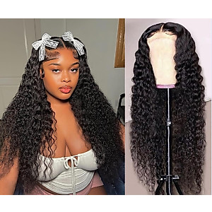 Josblue 4x4 Deep Wave Lace Closure Wigs Human Hair for Black Women Curly Human Hair Wigs Glueless Wigs Human Hair Pre Plucked Deep Wave Peruvian Virgin Wet and Wavy Human Hair Wigs 150% Density