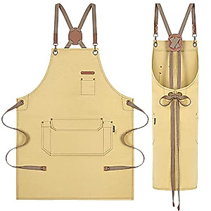 RockyToy Chef Apron with Cross Back Straps for Men Women, Cotton Canvas Apron for Artists Painting, Kitchen Cooking, Light Yellow