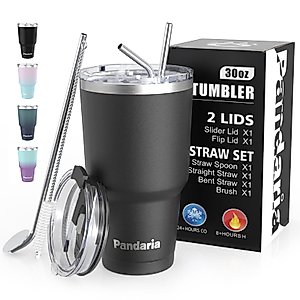Pandaria 30 oz Mens Travel Coffee Tumbler Cups, Double Wall Stainless Steel Reusable Spill Proof Tumbler with Straw, Leak Proof Insulated Tumbler with Straw for Iced Coffee, Tea & Water (Black)