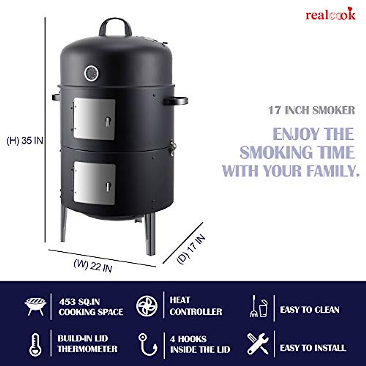 Realcook Vertical 17 Inch Steel Charcoal Smoker, Heavy Duty Round BBQ Grill for Outdoor Cooking, Black