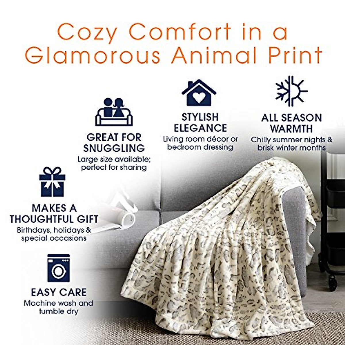 Cheer Collection Animal Print Throw Blanket | Soft Velvety Faux Fur Microplush Reversible Cozy Warm Throw Blanket - 50" x 60" - Snow Leopard