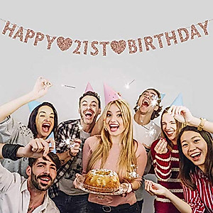 Rose Gold 21st Birthday Banner, Glitter Happy 21 Years Old Boy or Girl Party Decorations, Supplies