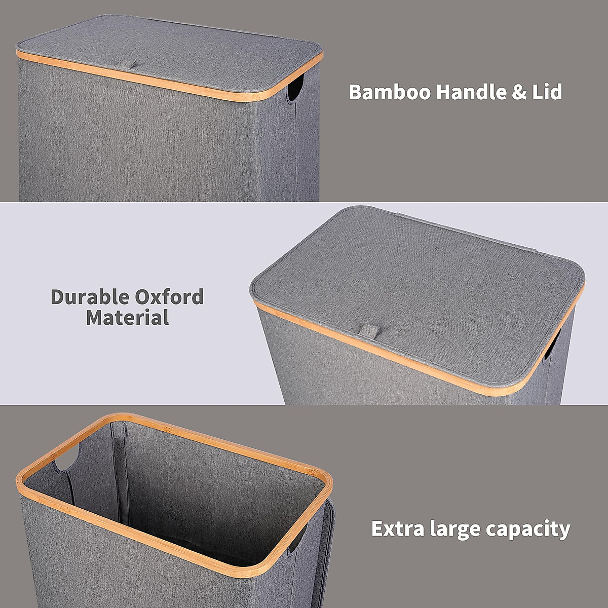 efluky Extra Large Laundry Basket with Lid, 145L Single Basket without Inner Bag for Clothes and Toys, Freestanding Collapsible Hamper for Bedroom Bathroom, Grey