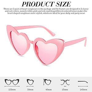 Konohan 3 Pairs Heart Sunglasses for Women Vintage Heart Shaped Sun Glasses Retro Cute Bachelorette Glasses for Girls Summer Beach Party, White, Red, Pink
