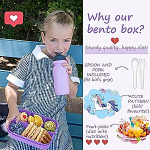 Sunhanny Bento Lunch Box for Kids - 4 Compartments, Sauce Container, Utensils, Food Picks and Muffin Cups, Purple Unicorn