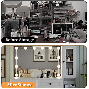 Diwnnue Farmhouse Mirror Large Vanity Desk with LED Bulbs, Makeup Vanity Table Set with Glass Tabletop, Charging Station & Power Outlet, Adjustable Lighting Modes, Bedroom, White