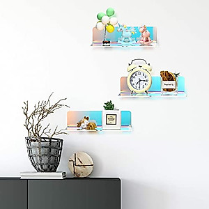 Weysat Floating Wall Shelves 9 Inch Acrylic Small Wall Shelf Hanging Shelves Adhesive Shelf Screwless Display Shelf with Cable Clips and Stickers for Bathroom, Bedroom, Office (Iridescent, 4 Pcs)