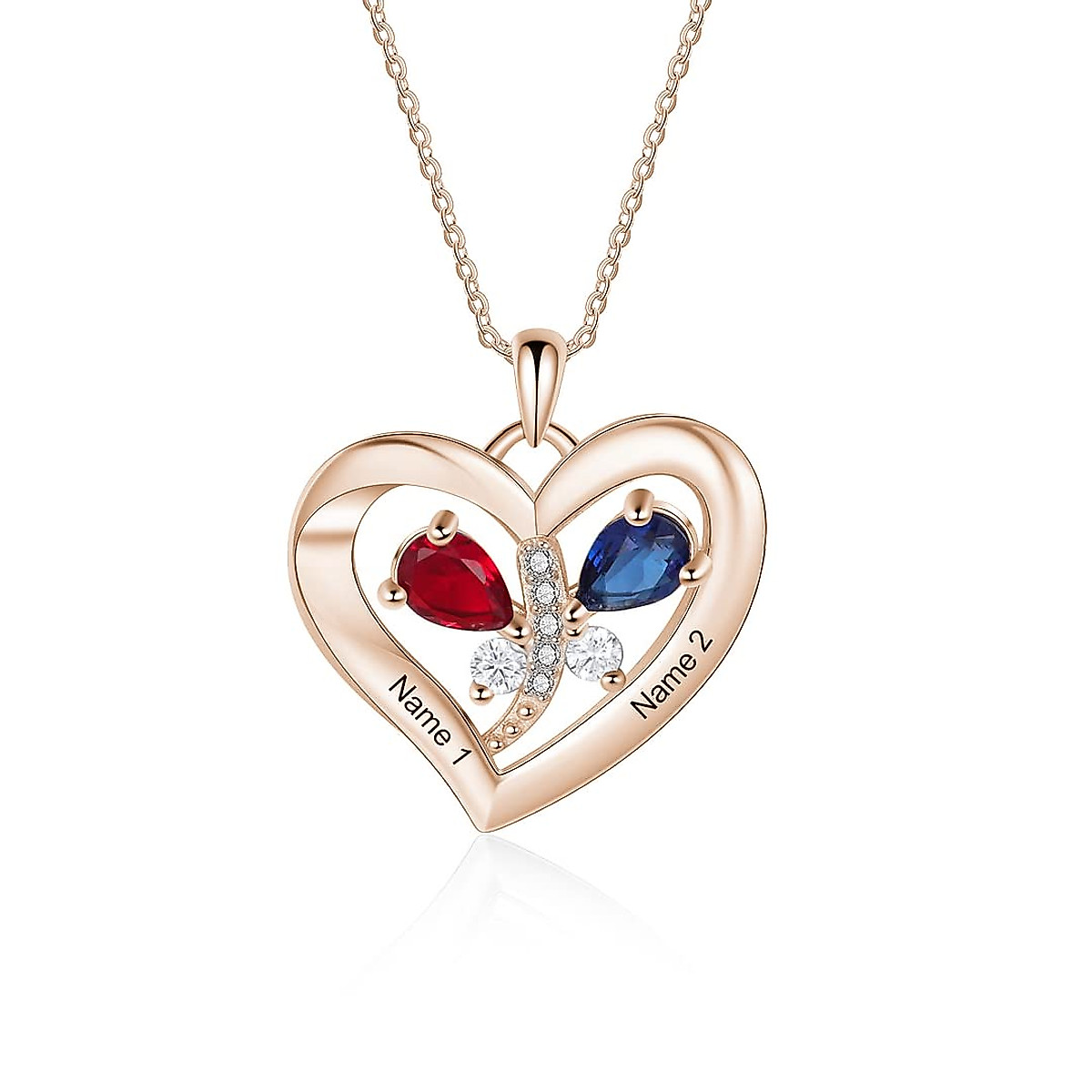 Personalized Mom Necklace with 2 Birthstone 10K 14K 18K Solid Gold Pear Birthstone Necklace for Women Gold Heart Birthstone Necklace with Name Custom Birthstone Necklace Engraved Names for Mom Wife