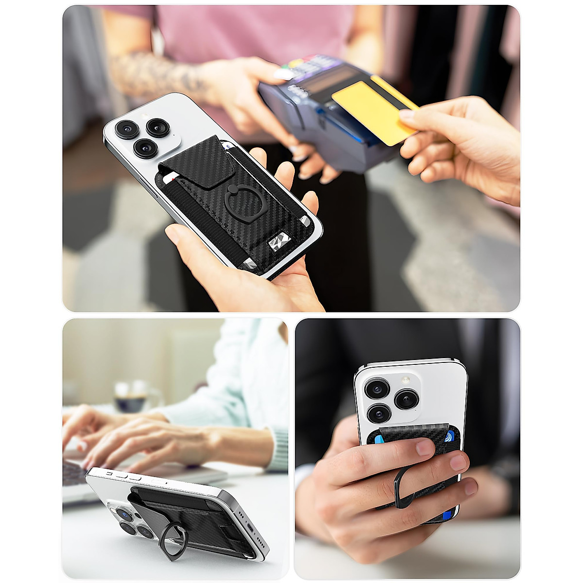 Amzone 3-in-1 Mag Safe Wallet, Leather Wallet with Phone Ring Stand, Mag Safe Wallet with Magnetic Flap for iPhone 15/14/13/12 Series, 7 Card Holder, Carbon Fibre Black