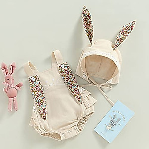 COORALLY Baby Girls Easter Outfit Sleeveless Romper/Dress Bunny Ear Sister Mathing Clothes with Tail (A-Light Khaki, 12-18 Months)