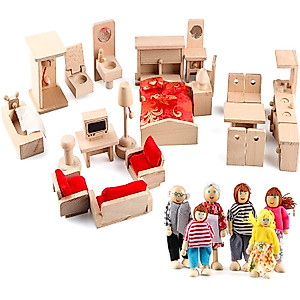 5 Set Dollhouse Furniture Accessories Wooden Bathroom/Living Room/Dining Room/Bedroom/Kitchen House 6 Family Doll Decoration Pretend Play Kids Christmas Birthday Gifts for Girls Toys 40 Pcs