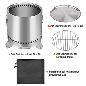 PNKKODW 15 Inch Smokeless Fire Pit Outdoor Wood Burning 304 Stainless Steel Fire Pit, Stove Bonfire Fire Pit with Ash Tray and Lid, Portable Fire Pit with Campfire Grill and Stand for Outside Camping